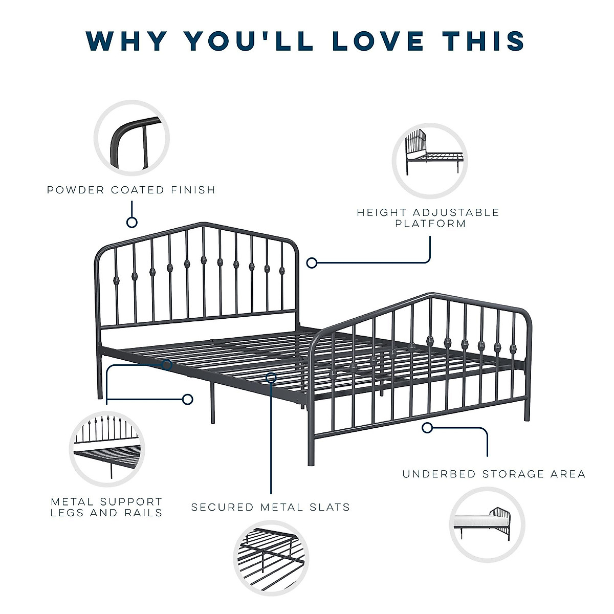 Novogratz Bushwick Metal Bed with Headboard and Footboard | Modern Design | Full Size - Grey