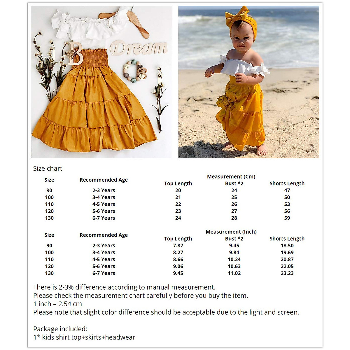 LXXIASHI 3PCS Toddler Baby Girl Off Shoulder Ruffle Crop Top + Maxi Long Skirt + Headband Outfits Set (White Yellow, 3-4 Years)
