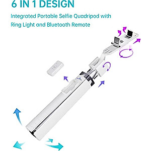 Ambertronix 40” Selfie Stick Tripod Quadrapod, Onboard Light, Wireless Bluetooth Remote, Extendable, Stainless Steel, 3 Light Modes, 9 Brightness Levels, Compatible with All iPhone & Android Devices