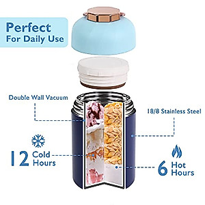 Avovy Thermos For Hot Food - 22 Oz Insulated Food Jar, Insulated Lunch Container With Bowl, Foldable Spoon&Fork, Powerful Insulated Food Thermos For School Office Camping Travel (Blue)
