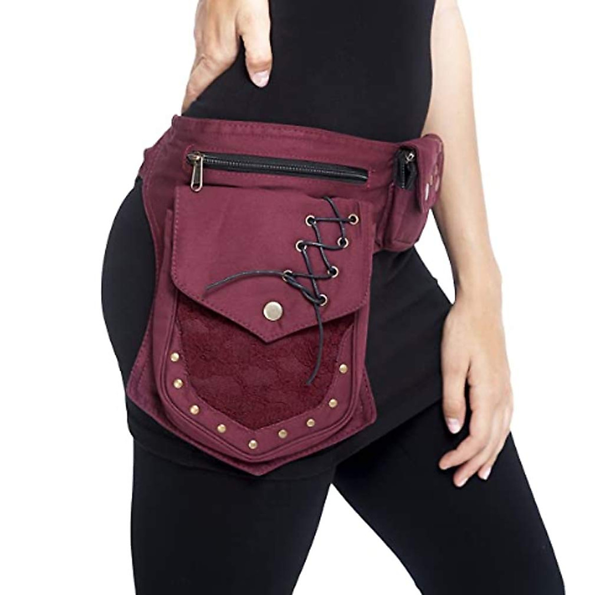 KPYWZER Waist Bag for Women Fanny Pack Renaissance Faire Festival Lace Chest Pack Hip Bum Bag with Adjustable Belt Travel Outdoors Maroon