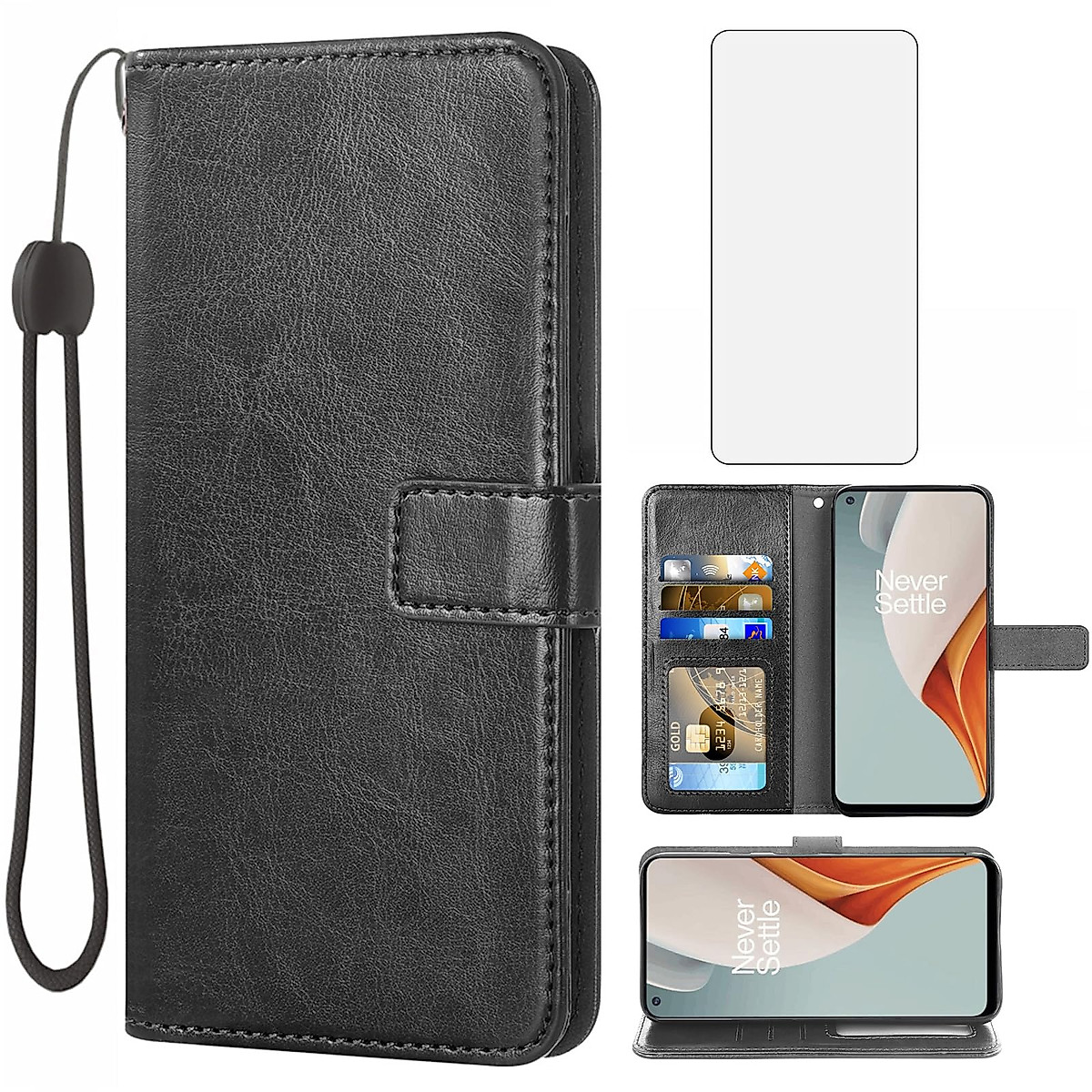 Asuwish Compatible with OnePlus Nord N100 Wallet Case Tempered Glass Screen Protector Leather Flip Cover Card Holder Stand Cell Phone Cases for One Plus N 100 4G 1 Plus 1plus One+ 1+ 100N Men Black