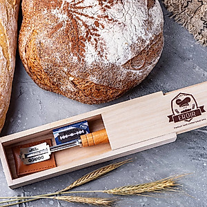 EROIR Hand Crafted Bread Lame Dough Scoring Tool in Wooden Storage Box for Sourdough Bread Baking - Dough Scoring Knife with 10 Extra Blades and a Protective Leather Cover