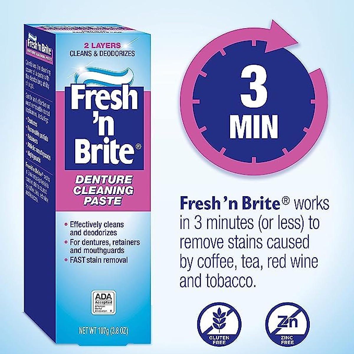 Fresh 'n Brite Denture Cleaning Paste for Dentures, Removable Partial Dentures, Retainers, Mouthguards, Nightguards, Fast Stain Removal, 3.8 oz Tubes - Pack of 2 (7.6 oz in Total)