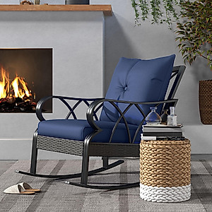 Outsunny Outdoor Wicker Rocking Chair with Padded Cushions, Aluminum Furniture Rattan Porch Rocker Chair w/Armrest for Garden, Patio, and Backyard, Navy Blue