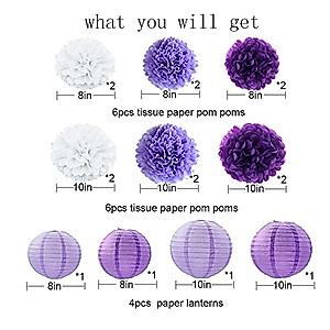 16Pcs of Tissue Paper Pom Poms Mixed Paper Lanterns Craft Kit, Suitable for Lavender Purple Theme Party/ Baby Shower /Birthday Party Decoration/Bridal Shower/Wedding Party Decoration （Purple）
