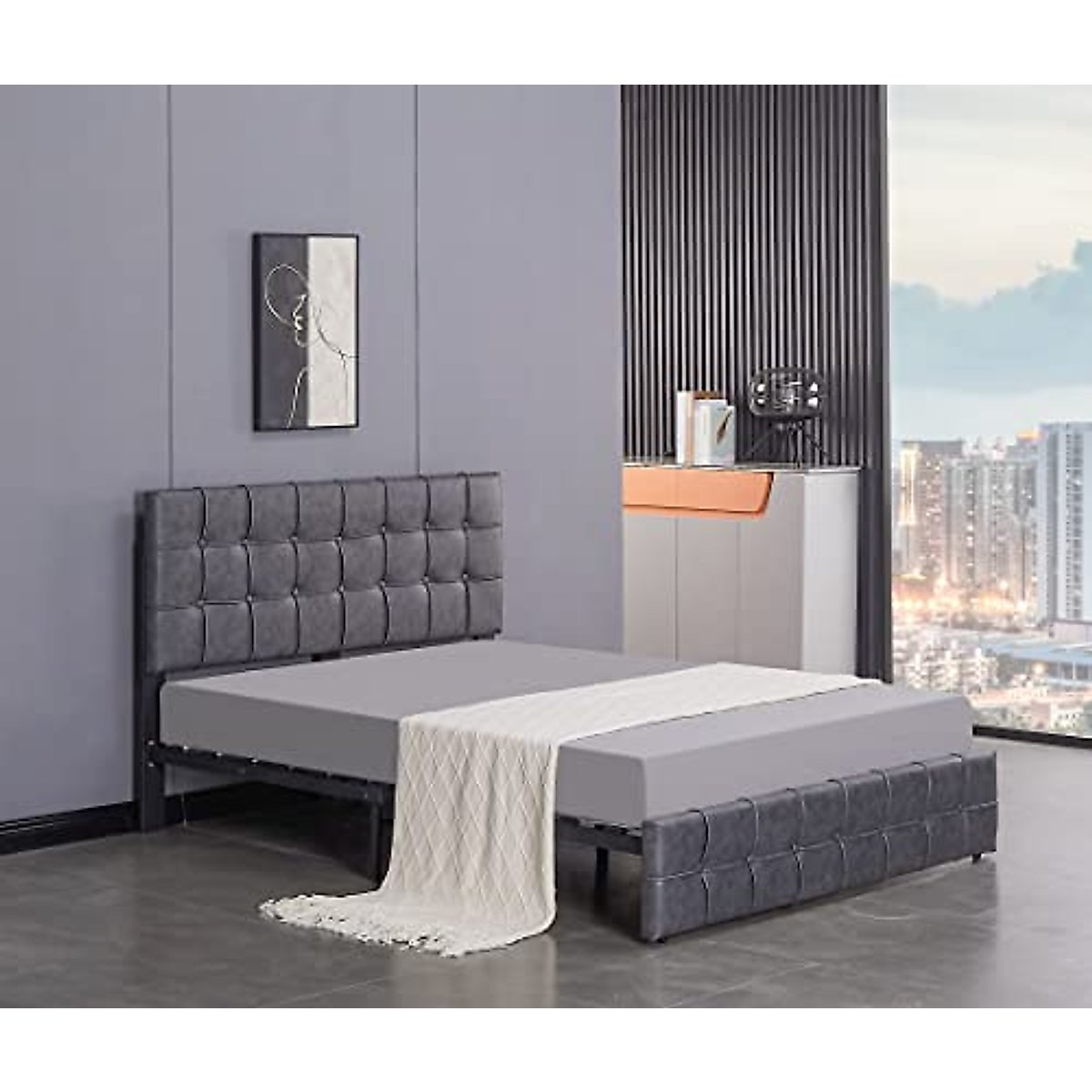 OPTOUGH Queen Size Upholstered Platform Bed Frame with Lights and Height Adjustable Headboard, Square Stitched Button Tech Cloth, No Box Spring Needed,Noise-Free,Grey