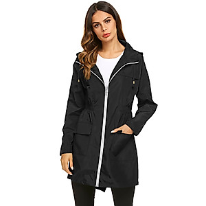 LOMON Raincoats Waterproof Lightweight Rain Jacket Active Outdoor Hooded Women's Trench Coats(Black XL)