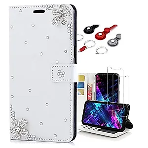 Fairy Art Crystal Wallet Case Compatible with Samsung Galaxy Z Fold 5 - Little Flowers - White - 3D Handmade Sparkly Glitter Bling Leather Cover with Screen Protector & Neck Strip Lanyard