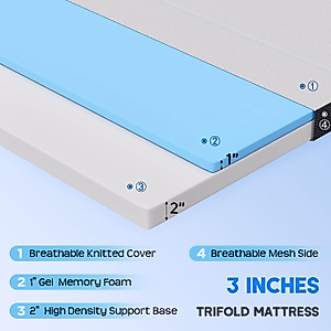 FDW 3 inch Tri Folding Memory Foam Mattress/Foldable Mattress for Kids and Adults/Medium-Firm Mattress with a Collapsible and Washable Cover/Suitable for RV Travel Camping Guest,Twin