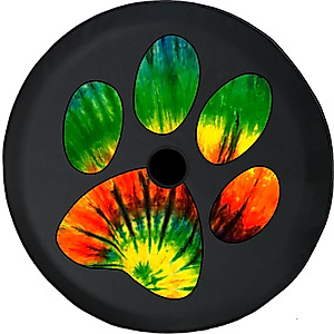 Funny Spare Tire Wheel Cover for Camper SUV Trailer Truck RV JP Thick PVC Leather | Tie Dye Dog Paw Prints Black 32 Inch with Backup Camera Hole