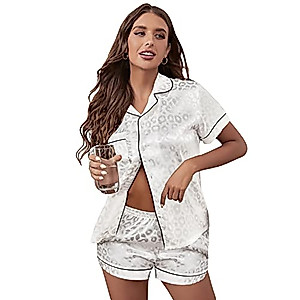 Romwe Women's 2 Piece Satin Pajama Set Short Sleeve Button Down Shirt and Shorts Sleepwear Leopard White XL