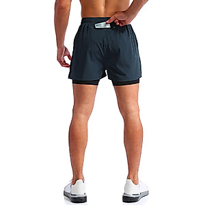 Pudolla Men’s 2 in 1 Running Shorts 5" Quick Dry Gym Athletic Workout Shorts for Men with Phone Pockets(Navy Blue Small)