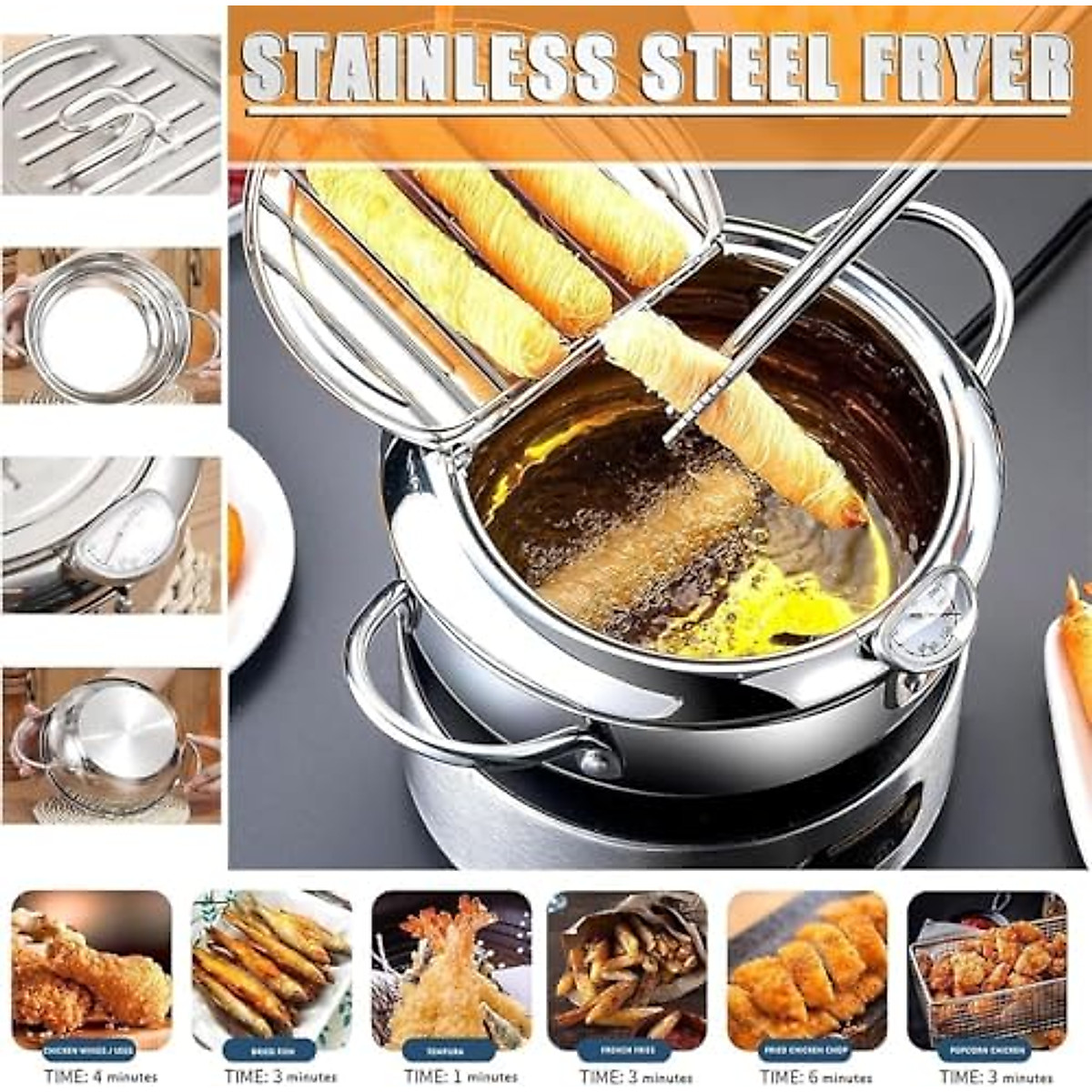 Japanese Deep Fryer Pot, Stainless Steel Deep Fryer Pot, Deep Fryer Pot, Stainless Steel Frying Pot With Thermometer And Oil Drip Drainer Rack (7.87 in,Silver)