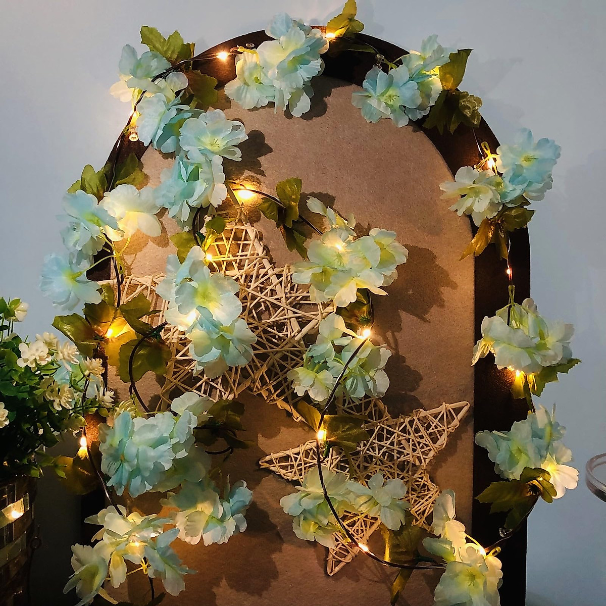 Artificial Cherry Blossoms String Lights Hanging Hydrangea Vines Plant Garland Silk Flower Fairy Light Battery Powered for Home Garden Wedding Party Decor (Blue, 2m/20 Led)