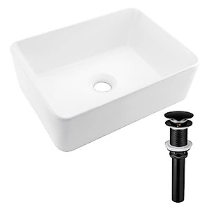 KES Rectangle Bathroom Sink with Bathroom Sink Drain Combo, 16" x 12" White Ceramic Vessel Sink Above Counter with Pop Up Drain Stopper Brass and Stainless Steel Matte Black, BVS110S40+S2008D-BK