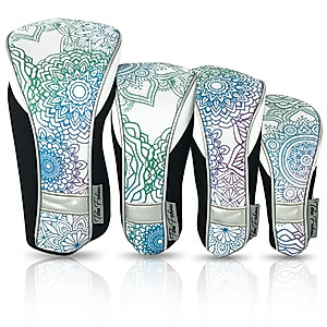 Womens Designer Golf Club Covers 4 Pack - Taboo Fashions Numbered Head Covers for Driver Woods & Hybrid - Weather/Moisture Resistant Protection (Mandala Dreams)