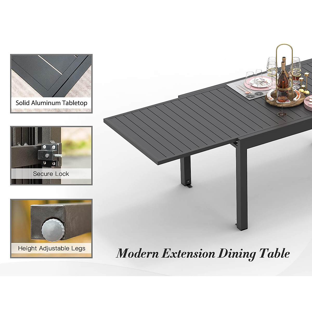 Domi 59" - 89" Expandable Patio Dining Table - Aluminum, Adjustable, Smooth-Sliding, Outdoor Furniture for 6-8 Person, Ideal for Backyard, Porch, Deck, Garden - Dark Brown,