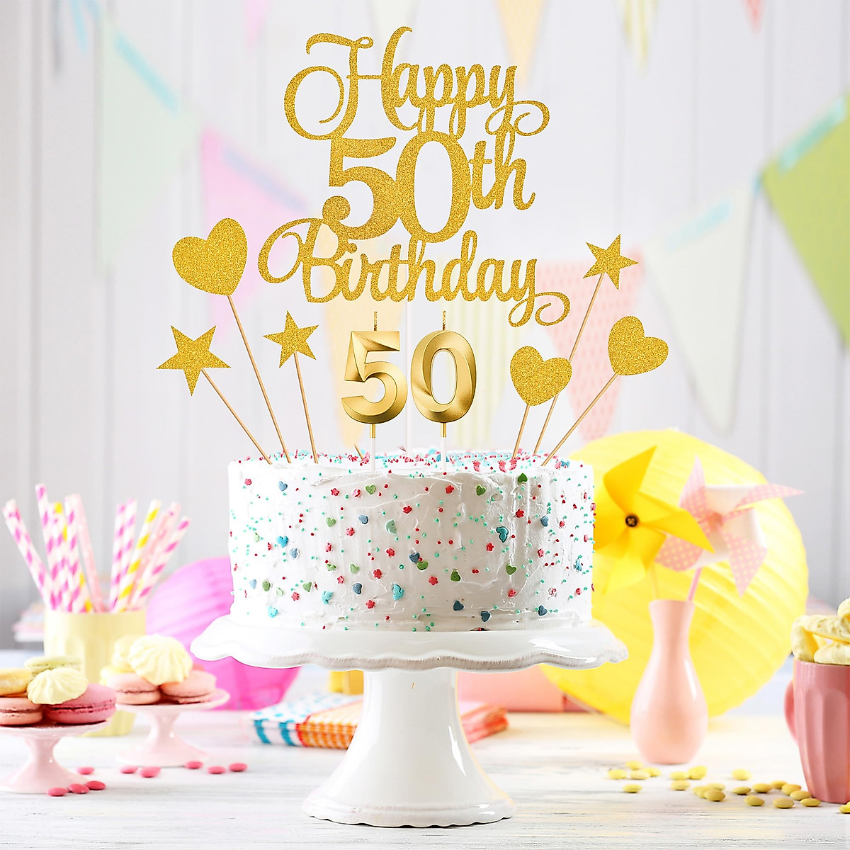 Lecferrarc 50th Birthday Cake Decorations, 50th Birthday Candles Cake Numeral Candles and Glitter Happy 50th Birthday Cake Toppers Set for Birthday Party Supplies (Gold)