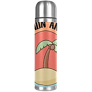 Stainless Steel Leather Vacuum Insulated Mug Coconut Tree Thermos Water Bottle for Hot and Cold Drinks Kids Adults 16 Oz