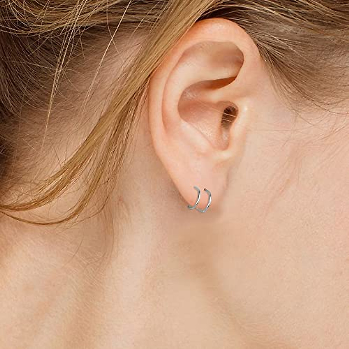 Faux Double Piercing Earrings for One Hole, 925 Sterling Silver Small Thin Huggie Hoop Earrings for Women, 8mm Dainty Mini Hypoallergenic Half Hoop Earrings as Everyday Jewelry Gifts from Sereney