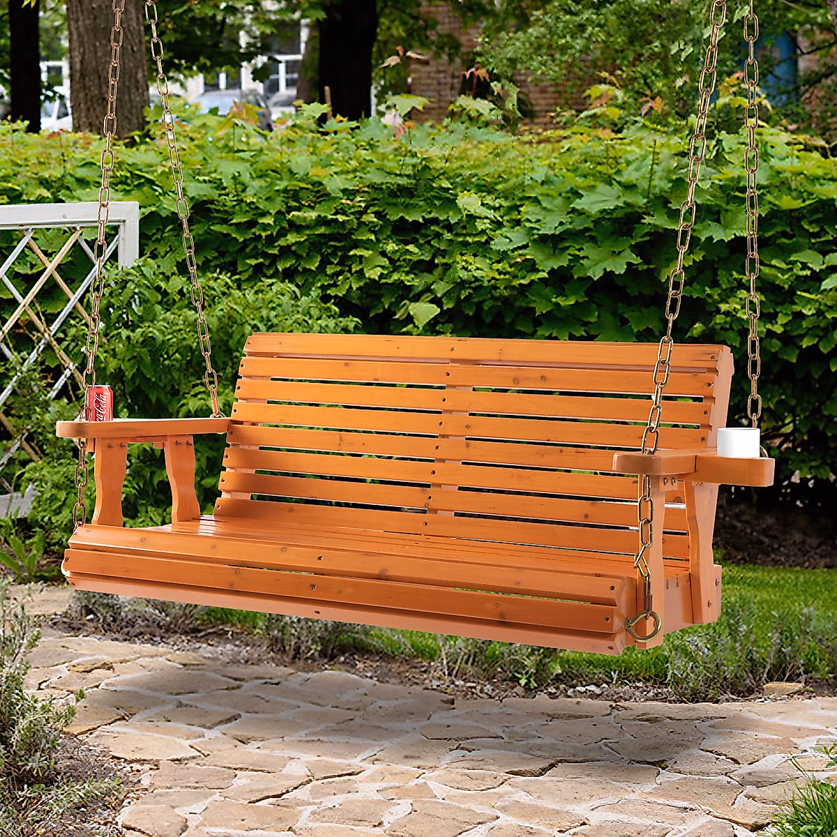 Porch Wooden Swings with Chain - Outdoor Finished Hanging Bench Swing Chair Furniture 2 Seater, Natural for Garden, Courtyard, Patio