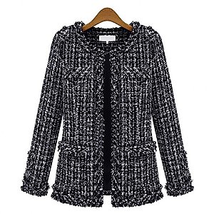 ebossy Women's Elegant Open Front Round Neck Fringed Plaid Tweed Jacket (Large, Black)
