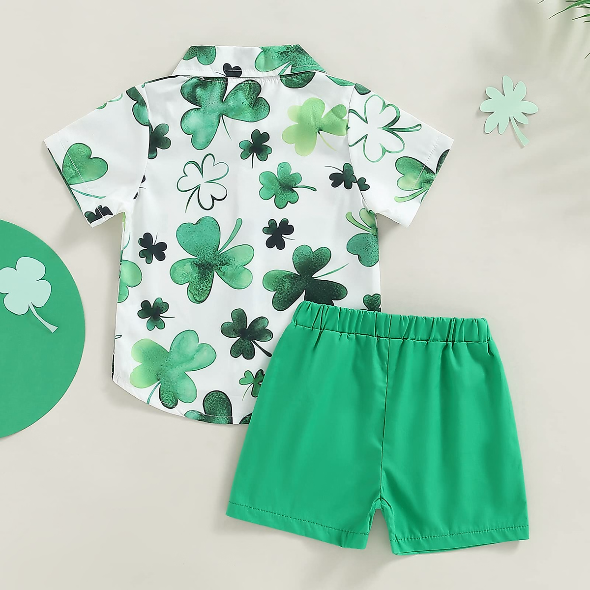 Youweixiong Toddler Baby Boy St. Patrick's Day Outfits Clover Short Sleeve Button Down Shirt Top Solid Shorts Set Summer Clothes 2Pcs (White, 4-5 Years)