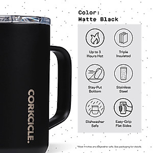 Corkcicle Triple Insulated Coffee Mug with Lid and Handle, Black, 16 oz – Stainless Steel Travel Mug Keeps Beverages Hot for 3+ Hours – Non-Slip, Easy-Grip, Spill-Resistant Tumbler