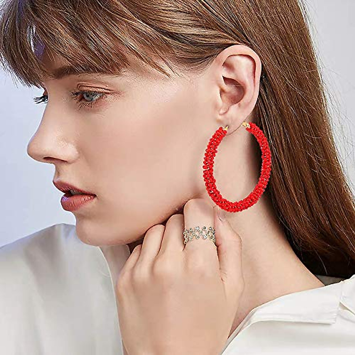 CEALXHENY Beaded Hoop Earrings for Women Mixed Color Bead Dangle Earrings Bohemia Hoop Dangle Earring Studs for Women (B Red)
