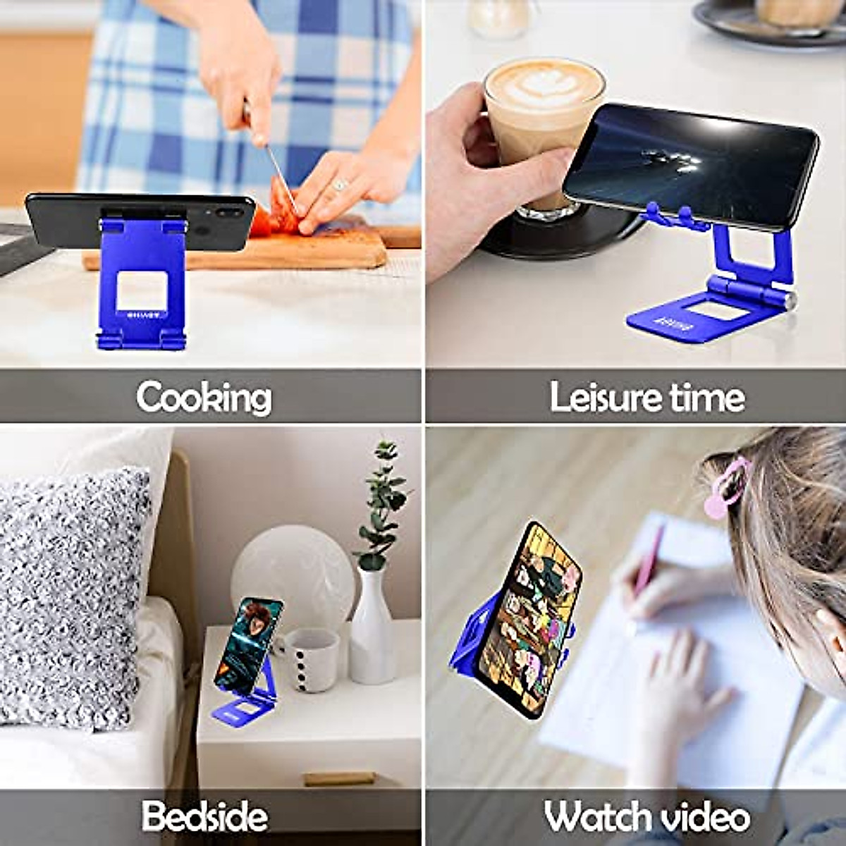 Aoviho Adjustable Cell Phone Stand Foldable Phone Holder - Aluminum Portable Phone Stand for iPhone 13 12 11 Pro X XR XS Max 8 7 6 Samsung Android Desk Decor (Blue)