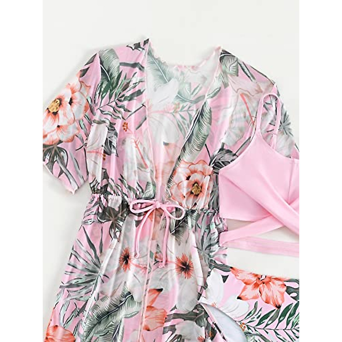 Cozyease Girls' 3 Piece Watermelon Print Drawstring Waist Swimsuit Tie Front Bikini Set Spaghetti Strap Bathing Suit Light Pink 11-12Y