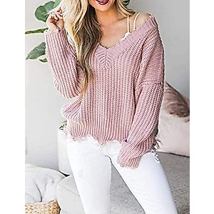 PAODIKUAI Women's Loose Off The Shoulder Sweater V Neck Long Sleeve Ripped Jumper Pullover Knitted Crop Top (Pink, Small)