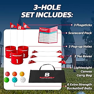 bucketgolf Game 3 Hole Starter Set - New Outdoor Yard Golf Game Levels Family, Adults, Kids, Party, Lawn, Camping, Beach