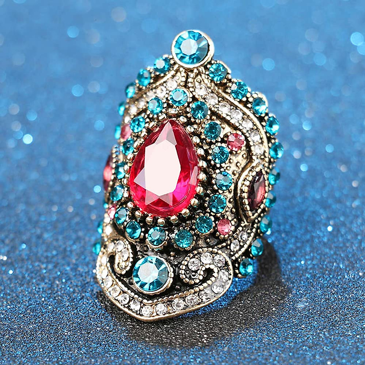 ABJFJE Retro Crystal Cocktail Statement Ring Antique Colorful Rhinestone Stacking Wedding Band Rings Fashion Jewelry Accessories for Women Gift