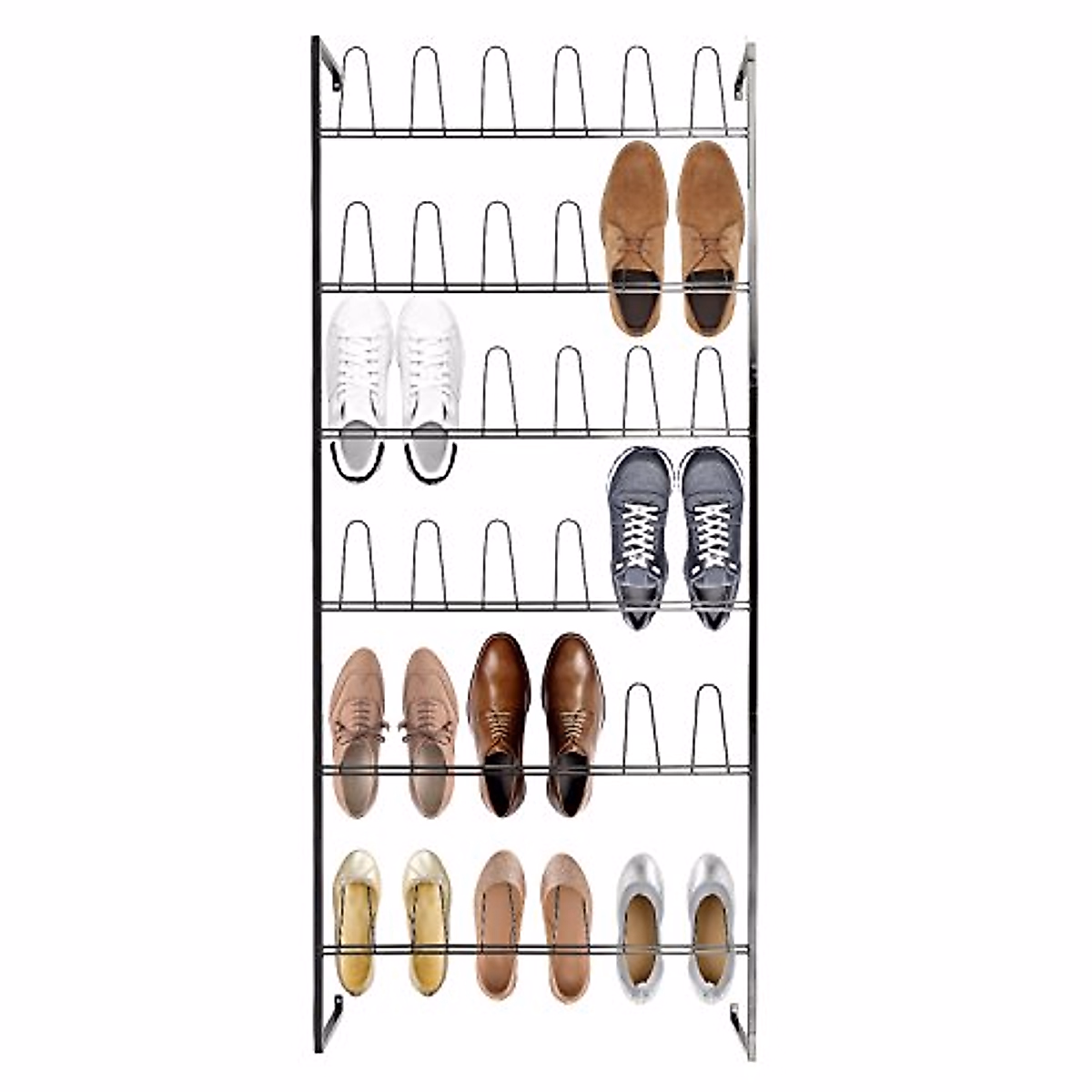 MyGift Black Metal Shoe Organizer for Entryway, Wall Mounted Shoe Rack for Closet with 36 Hooks, Holds up to 18 Pair