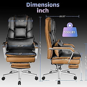 SeekFancy Reclining Office Chair with Footrest O203, Big and Tall Office Chair 500lbs Wide Seat with 170° Backrest, High Back Large Executive Office Chair Lumbar Support，Black Leather Managerial Chair