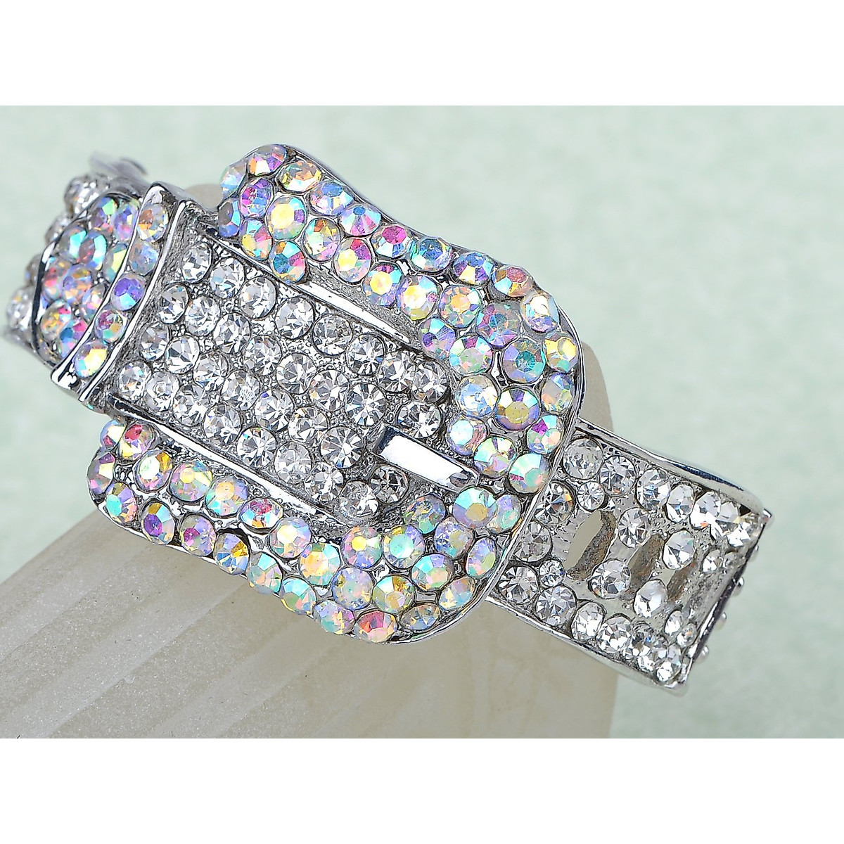 Alilang Silvery Tone Iridescent Clear Crystal Colored Rhinestones Belt Buckle Cuff Bracelet
