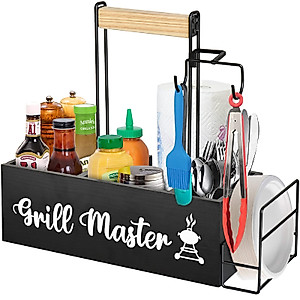 Grill Utensil Caddy, Picnic Condiment Caddy, BBQ and Grill Caddy with Paper Towel Holder & Paper Plate Holder. Grilling Caddy with Wood Handle & 2 Hooks, Multi-use Storage Organizer for Outdoor Grill
