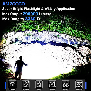 AMZGOGO Flashlights High Lumens Rechargeable, 250000 Lumens Super Bright LED Flashlight with USB Cable, Brightest Flash Light with 3 Modes Waterproof, Powerful Handheld Flashlight for Home, Camping