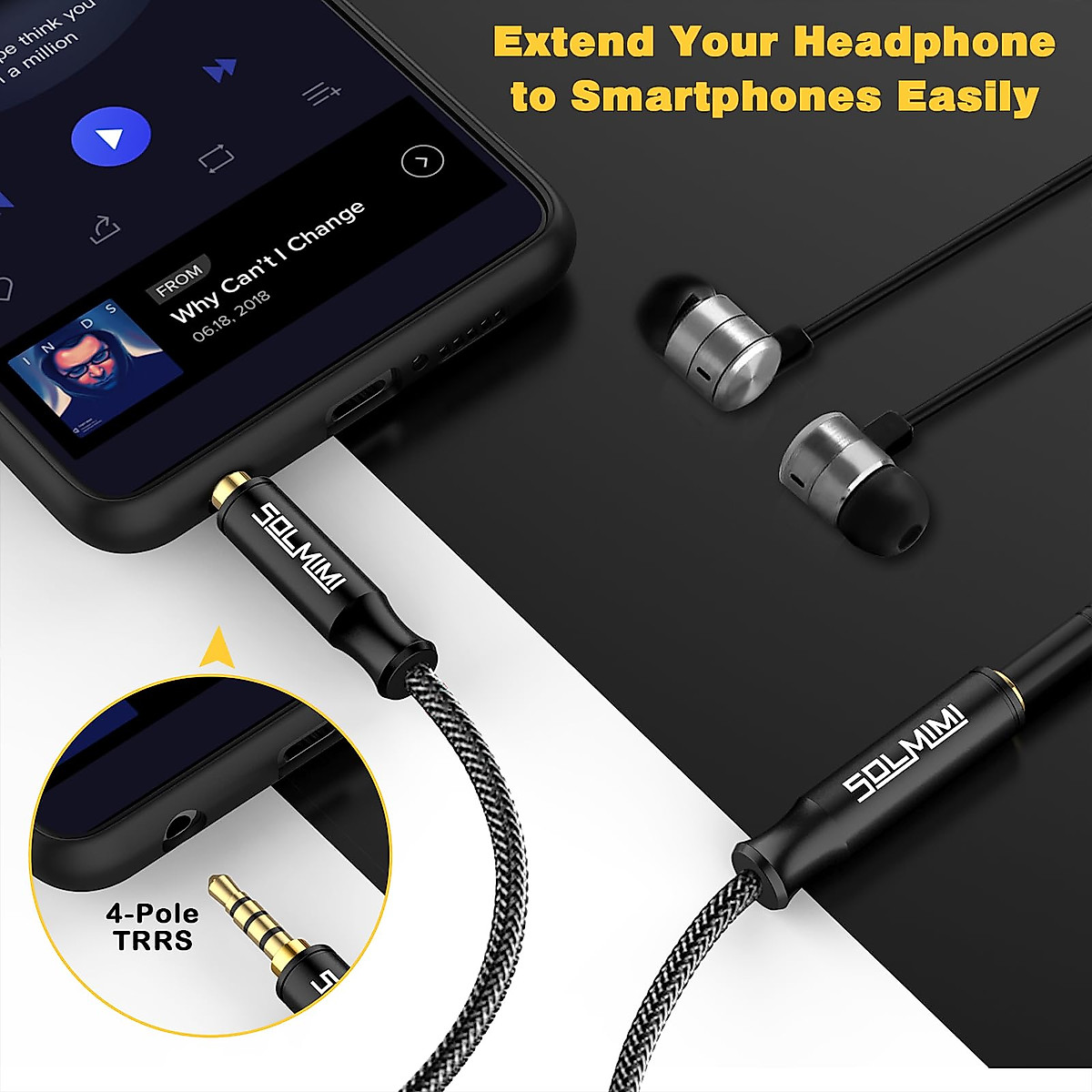 SOLMIMI 3.5 mm Headphone Extension Cable, TRRS 4-Pole Male to Female Headset Audio Extension Cable AUX Cord for Phones, Gaming headsets, TV, Laptop, PC, Car Audio, Speakers, MP3(7 Feet)