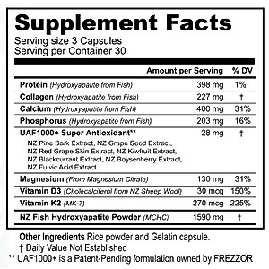 FREZZOR Calcium Plus with UAF1000+, New Zealand Natural Raw Calcium Supplement for Bones, Teeth, Gut Health, & Cardiovascular Support, Phosphorus, Magnesium, Collagen, Selenium, 90 capsules, 1 Bottle