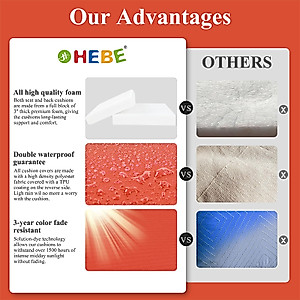 HEBE Outdoor Deep Seat Patio Cushion Set of 2 Waterproof Chair Cushions for Patio Furniture Removable Seat Bottom & Back Cushion Covers with Ties Handles for Chair, Sofa, Couch