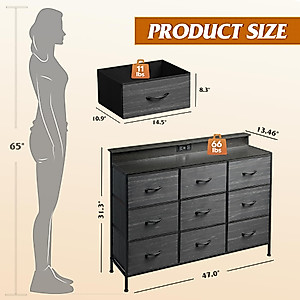 WLIVE Led Dresser for Bedroom, Wide Black Dresser TV Stand for Bedroom with LED Lights and Power Outlet, Chest of Drawers for Clothing, 9 Fabric Drawers and Wood Top for Living Room, Entryway