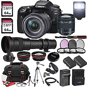 Canon EOS 90D DSLR Camera w/EF-S 18-55mm F/4-5.6 Zoom is STM Lens + 420-800mm f/8.3 HD Telephoto Zoom Lens for T Mount + 2X 64GB Memory + Hood + Case + Filters + Tripod + More (35pc Bundle)