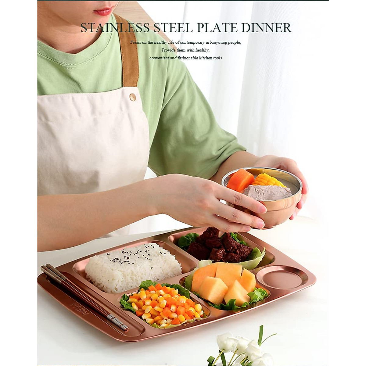 QOBIMOON 18/8 Stainless Steel Divided Plate, Food Trays 4 Section Dinner Plate with Bowl, Chosticks and Spoon, Camping Dishes, Adult Lunch and Dinner-Rainbow Color