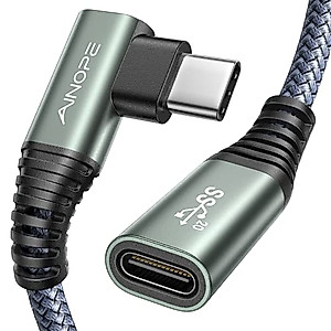 AINOPE USB C Extension Cable, (3.3Ft/1m/20Gbps) Right Angle USB 3.2 Type C Extension Nylon Braided 100W/5A Fast Charging Compatible with USB C Hub/Dell XPS/MacBook/iPad Pro/Magsafe Charger(Gray)
