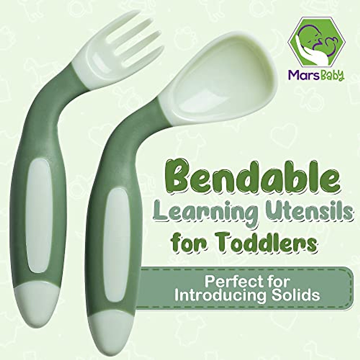 Mars Baby Silicone Baby Spoons Set for Self-Feeding - Bendable Learning Utensils for Toddlers - Perfect for Introducing Solids - With Travel Case - Green