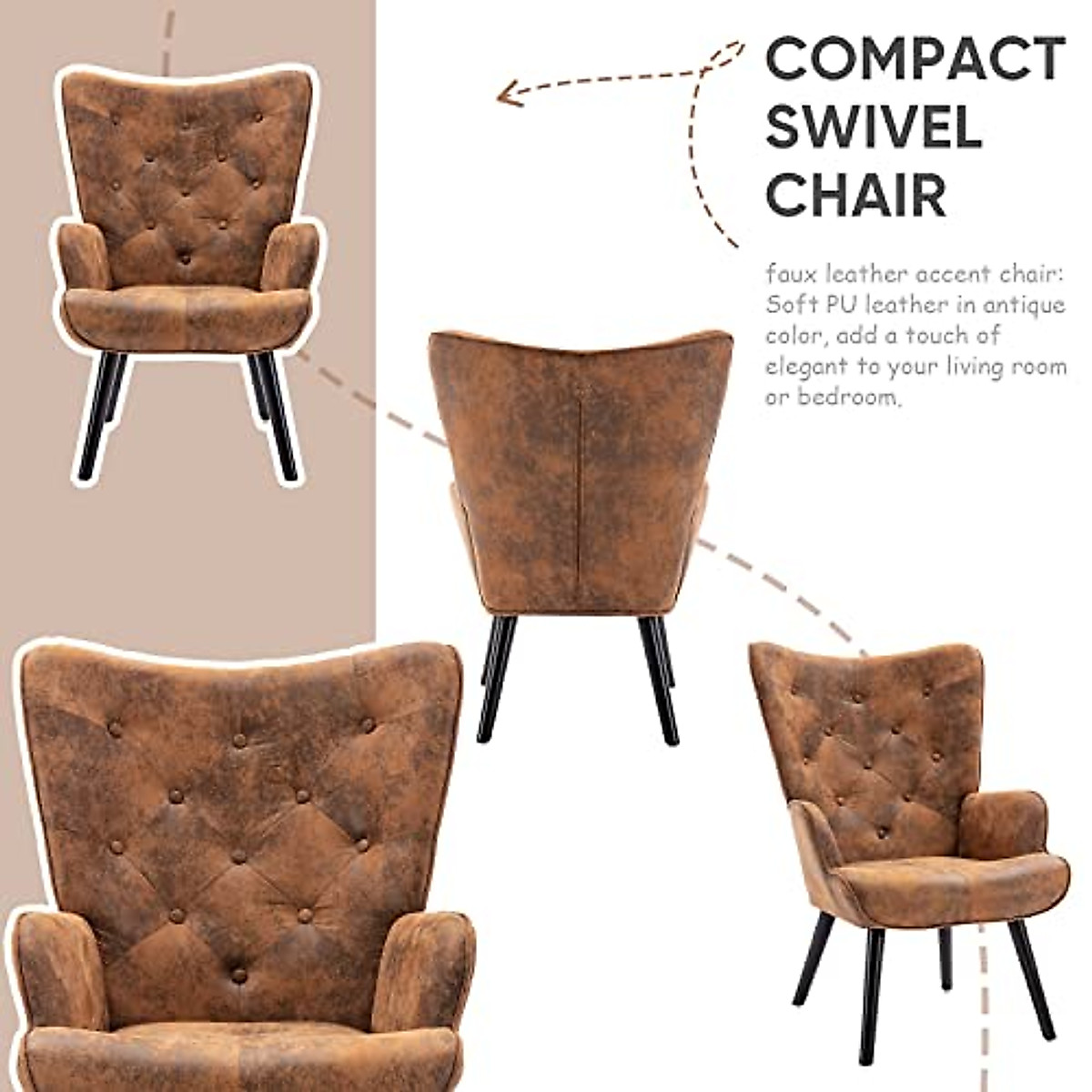 Brown Leather Accent Chairs Set of 2 for Living Room- Mid-Century Modern Comfy Reading Chair for Bedroom Adults Armchairs Sillones para Sala Sofa Tall Wingback Arm Chairs Microfiber Cushioned