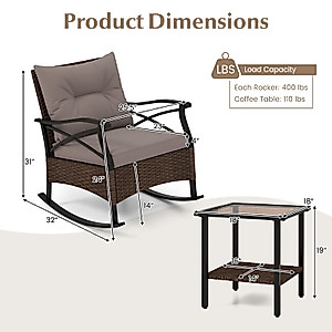 Tangkula 3 Pieces Outdoor Rocking Chairs Set, Rattan Heavy Duty Cushioned Rocker Chairs with 2-Tier Tempered Glass Coffee Table, for Garden, Balcony, Backyard